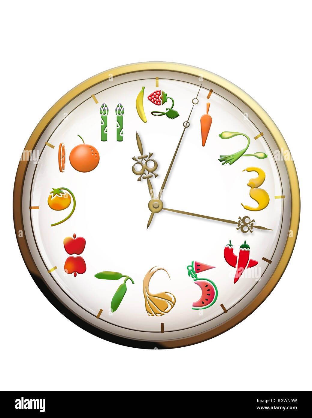 Closeup of kitchen clock face with fruit and vegetable icons ...
