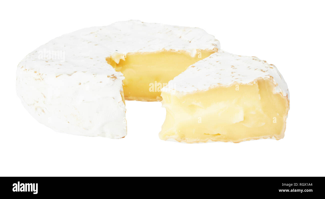 Round soft brie cheese section cut isolated on white background Stock ...