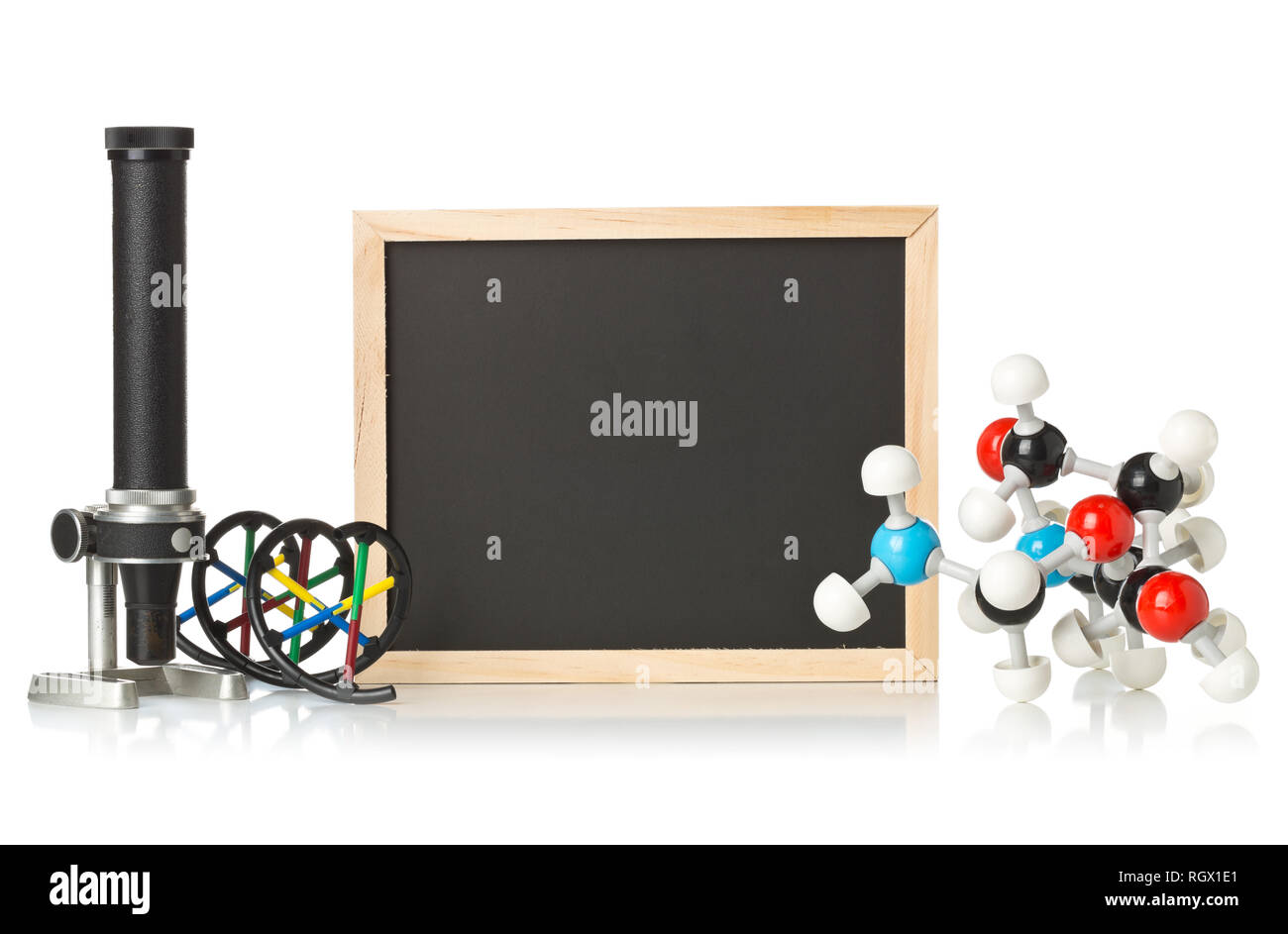 Blank, empty, black chalkboard with microscope, molecule model and DNA ...