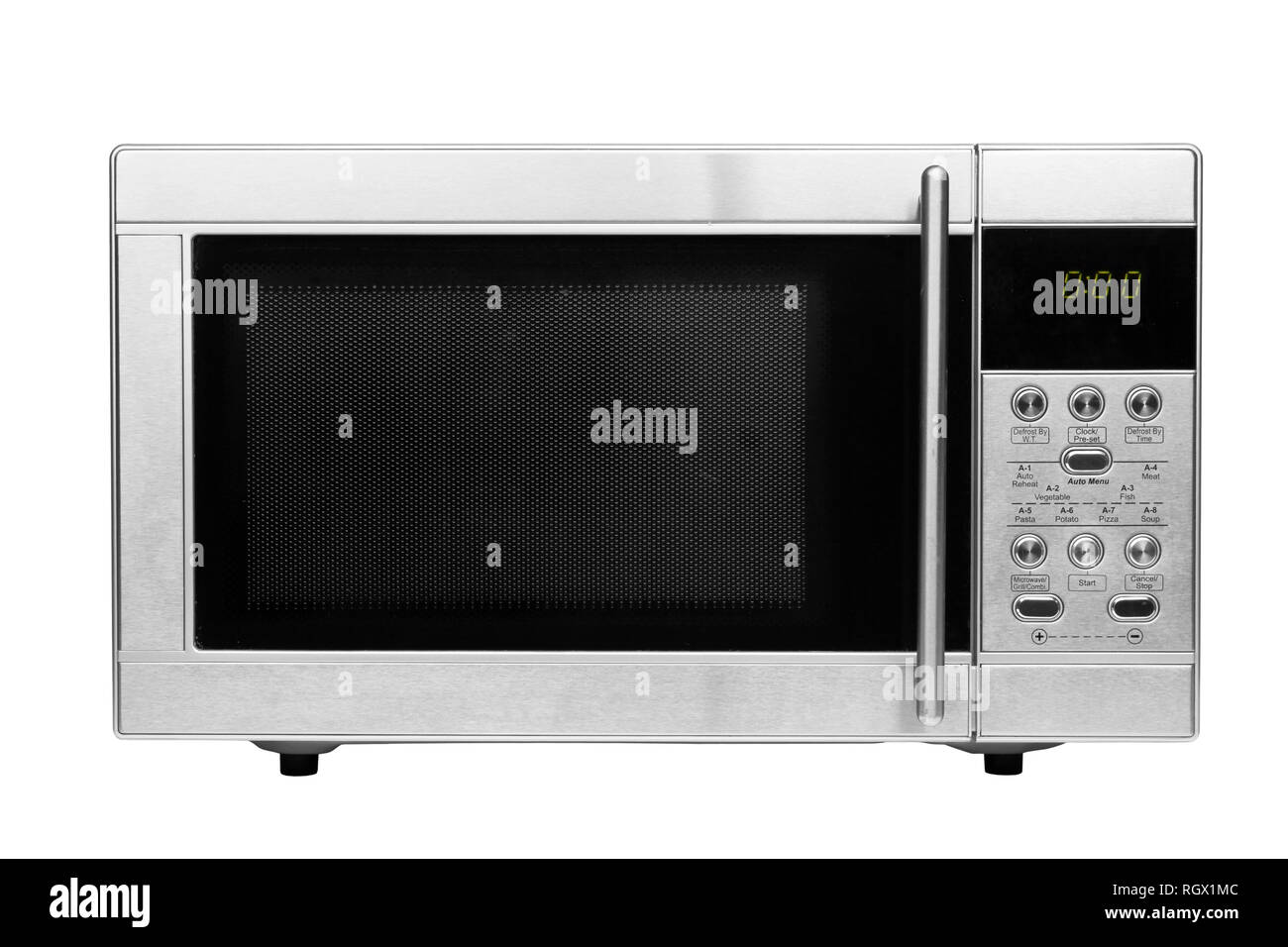 A closed microwave made of shiny metal isolated on a white background ...
