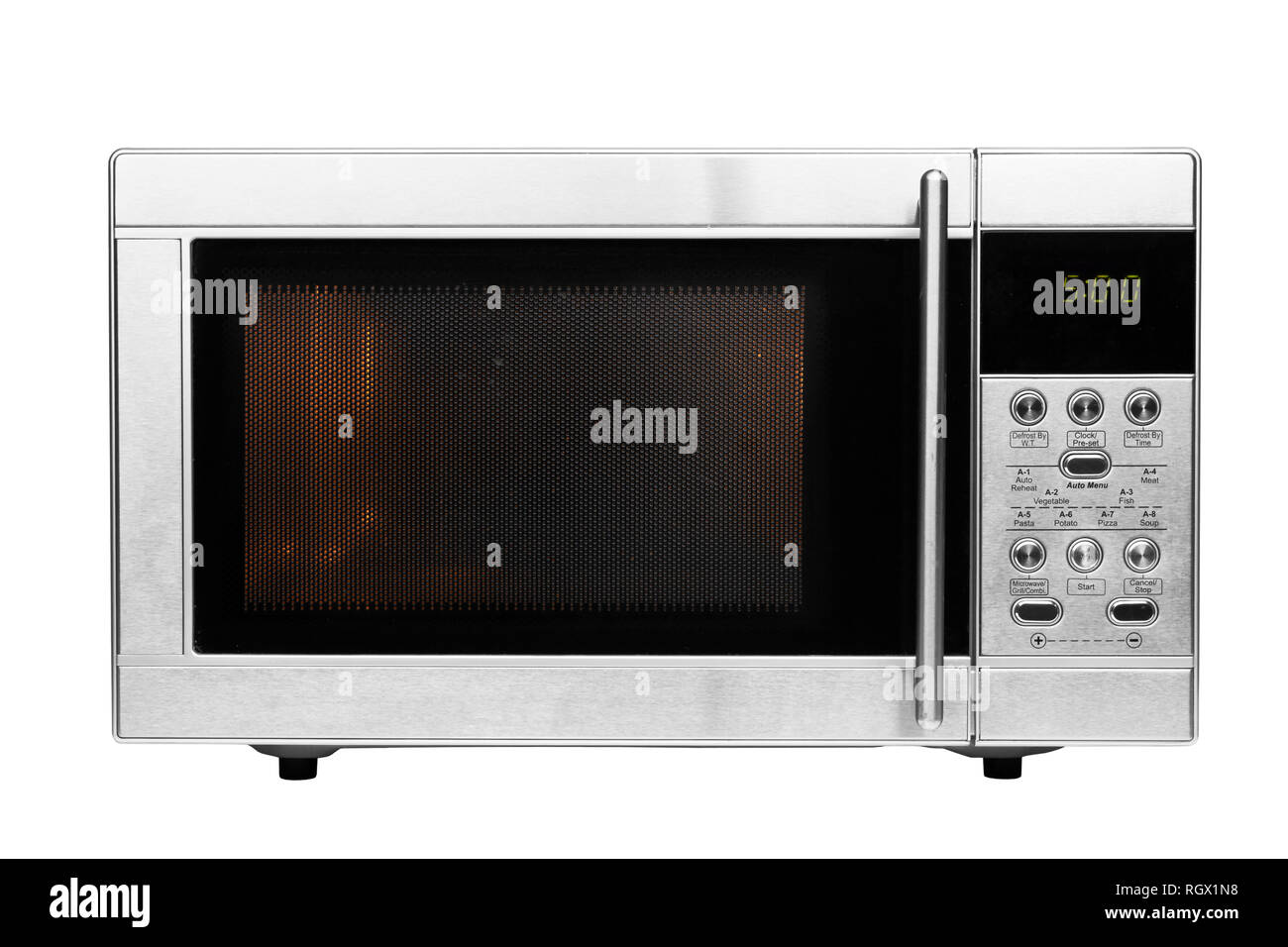 Working microwave made of shiny metal isolated on a white background ...