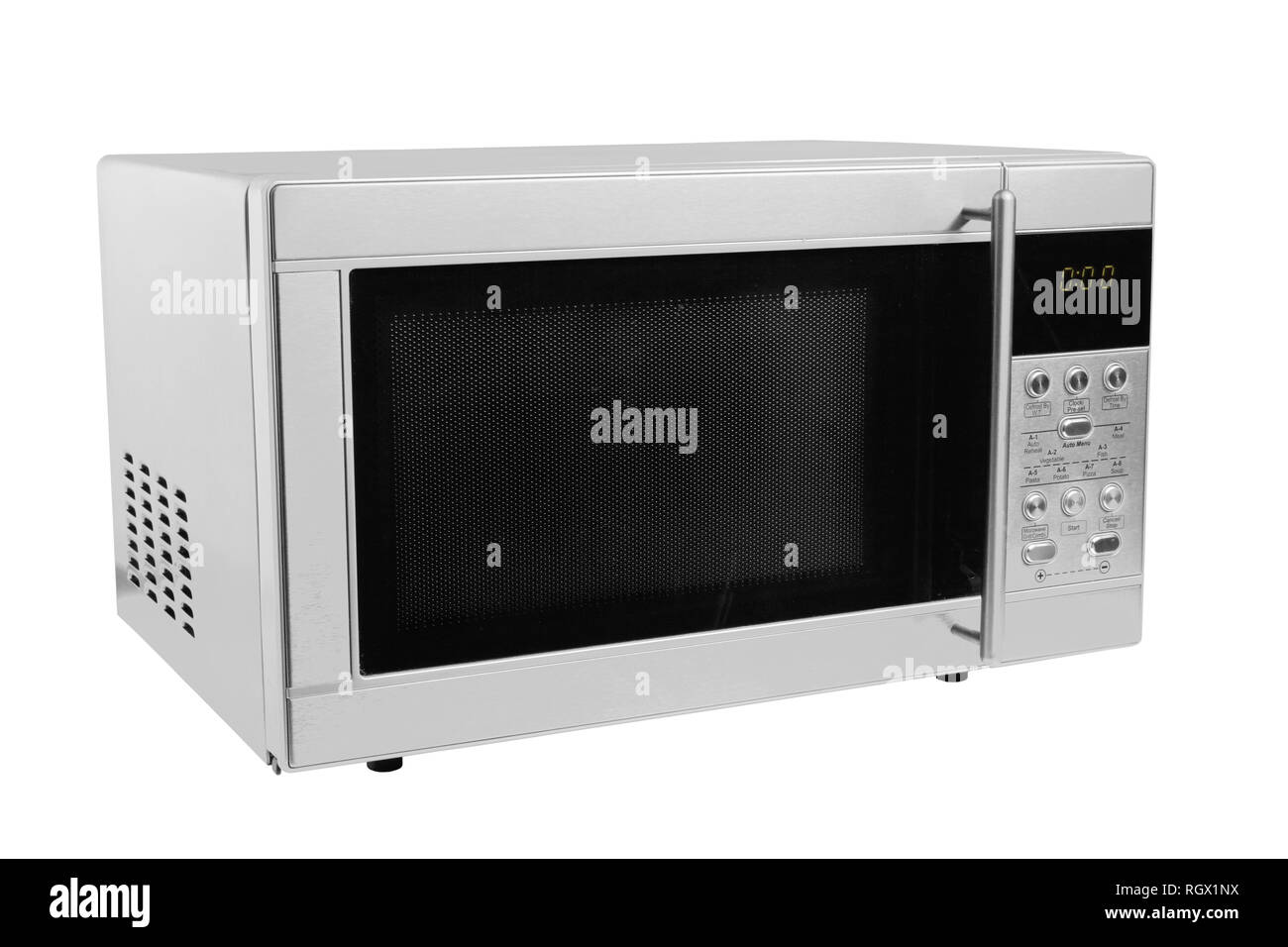 closed microwave made of shiny metal isolated on a white background ...