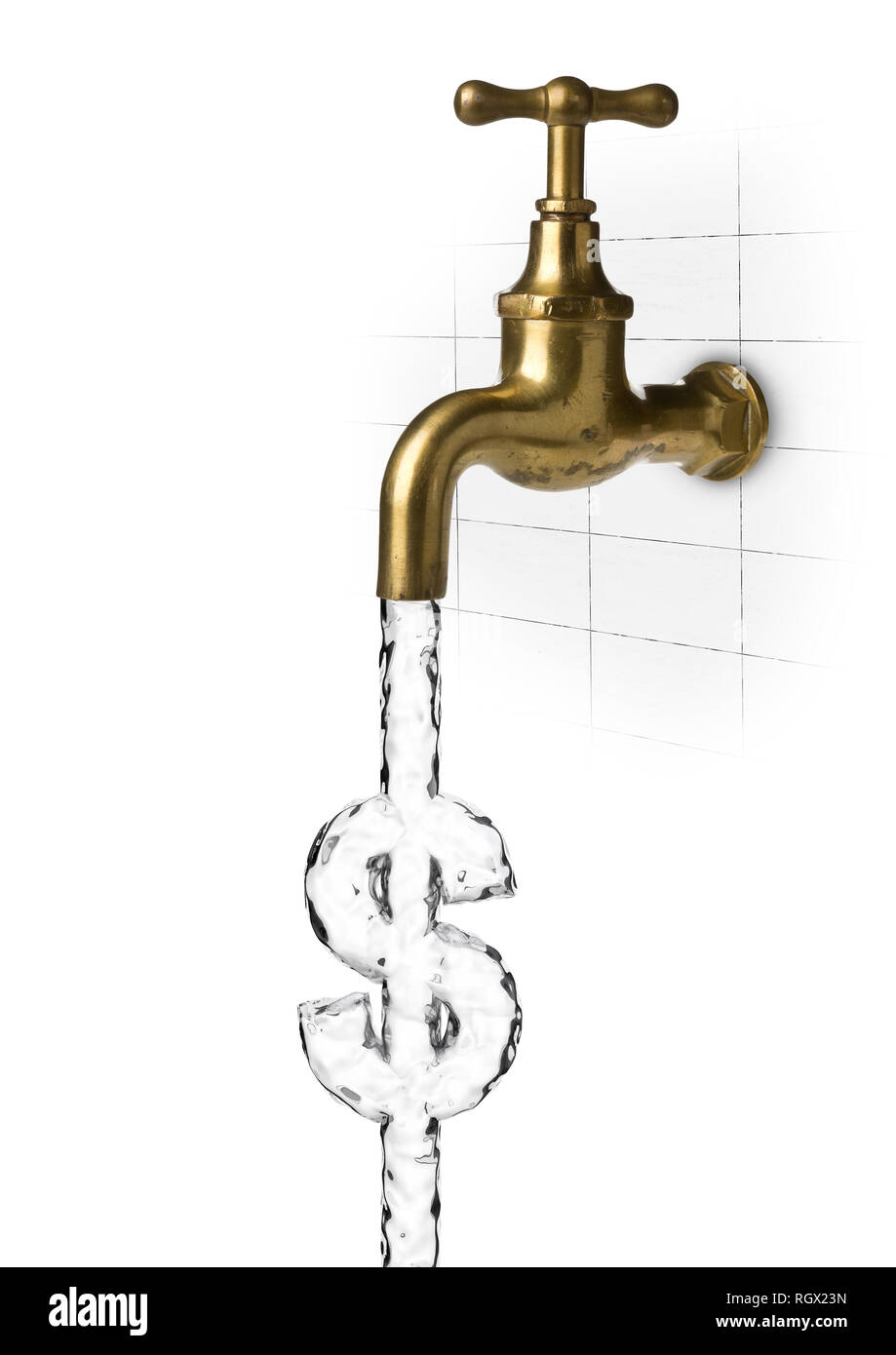 Water flow from water tap or faucet forming dollar sign over white ...