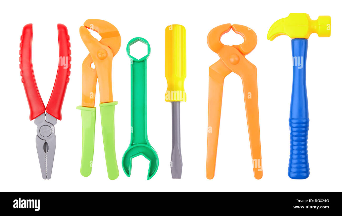 toy tools plastic color isolated on a white background Stock Photo - Alamy
