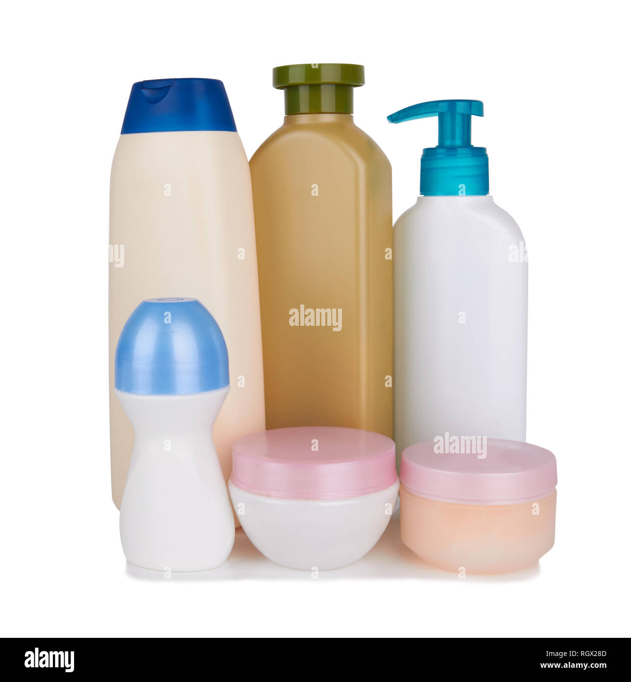 different cosmetic products for personal care isolated on white ...