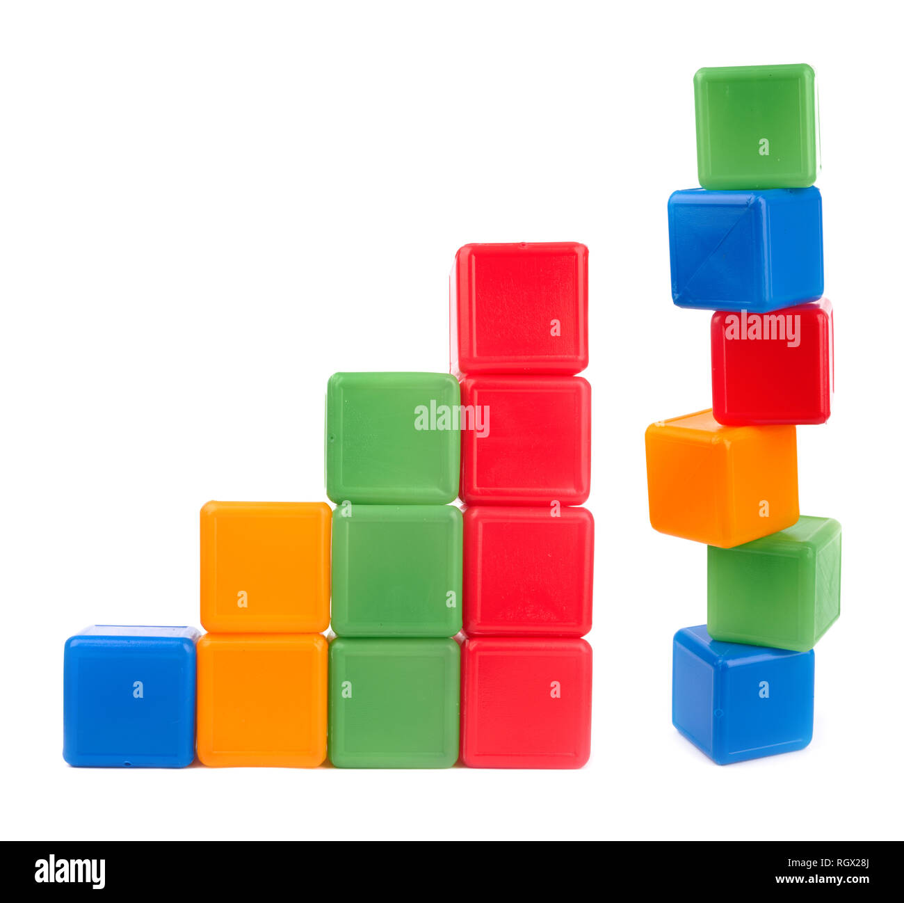 Plastic toy blocks on white background Stock Photo - Alamy