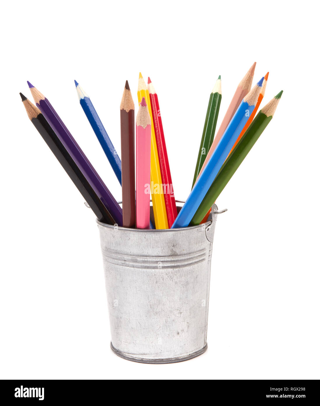 Colorful pencils in pail isolated on white background Stock Photo - Alamy