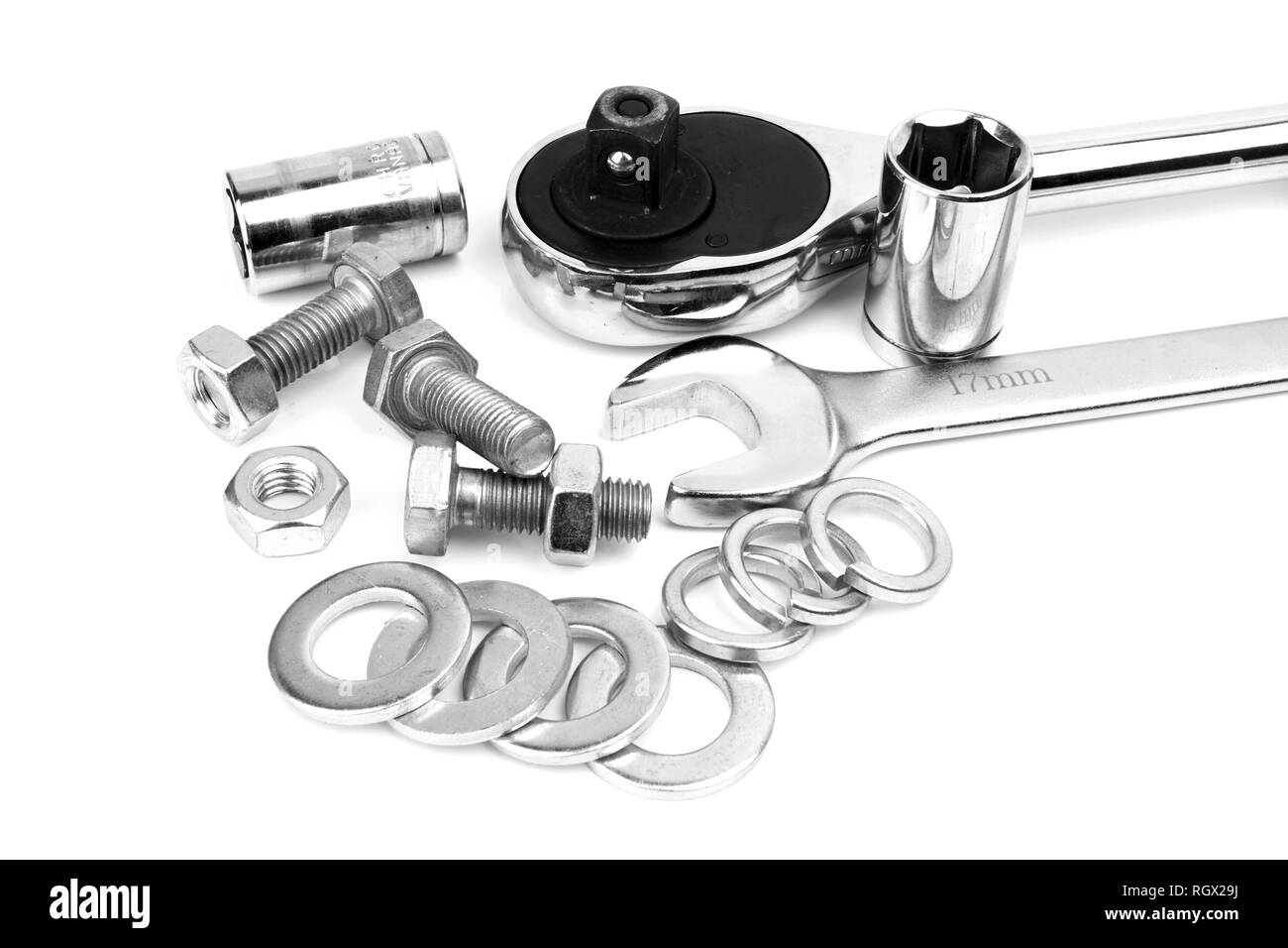 screw with spanners isolated on the white background Stock Photo - Alamy