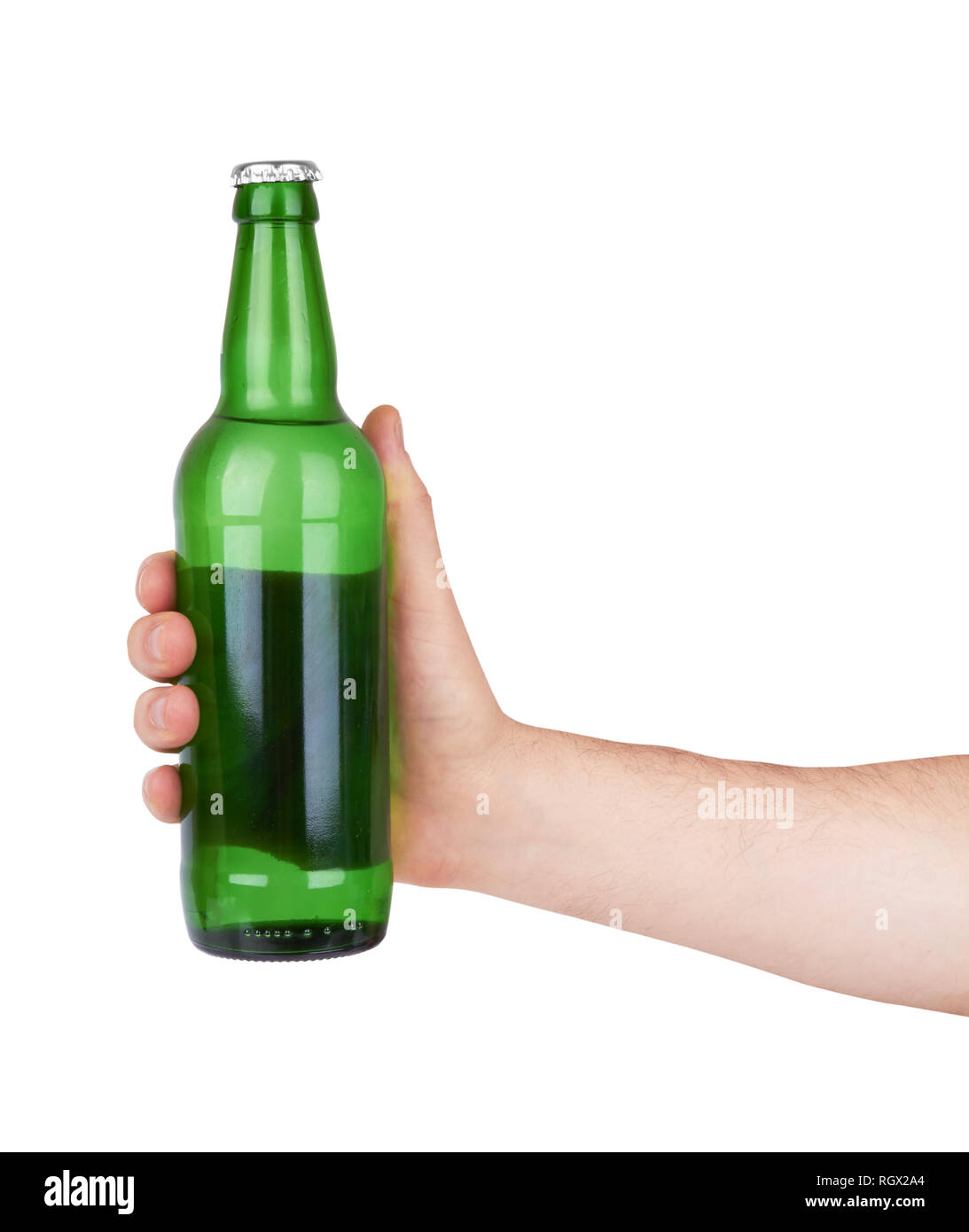 hand holding a green beer bottle without label isolated on white ...