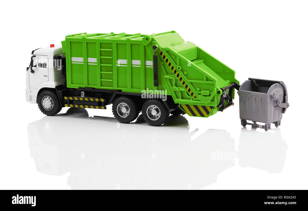 Garbage truck toy isolated on a white background Stock Photo - Alamy