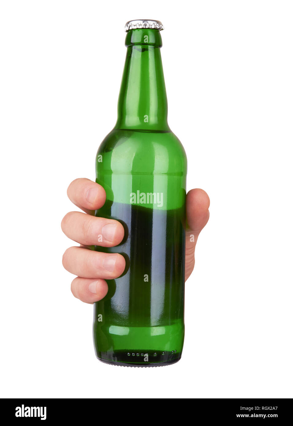 hand holding a green beer bottle without label isolated on white ...