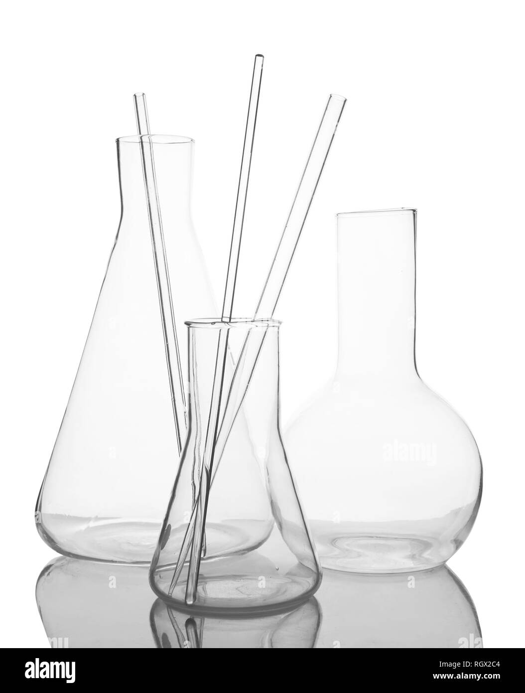 empty laboratory glassware with reflection isolated on white background ...