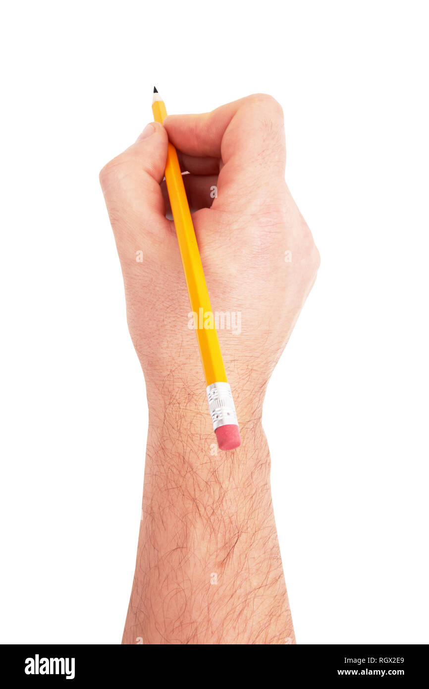 man's hand with the pencil isolated on white background Stock Photo - Alamy