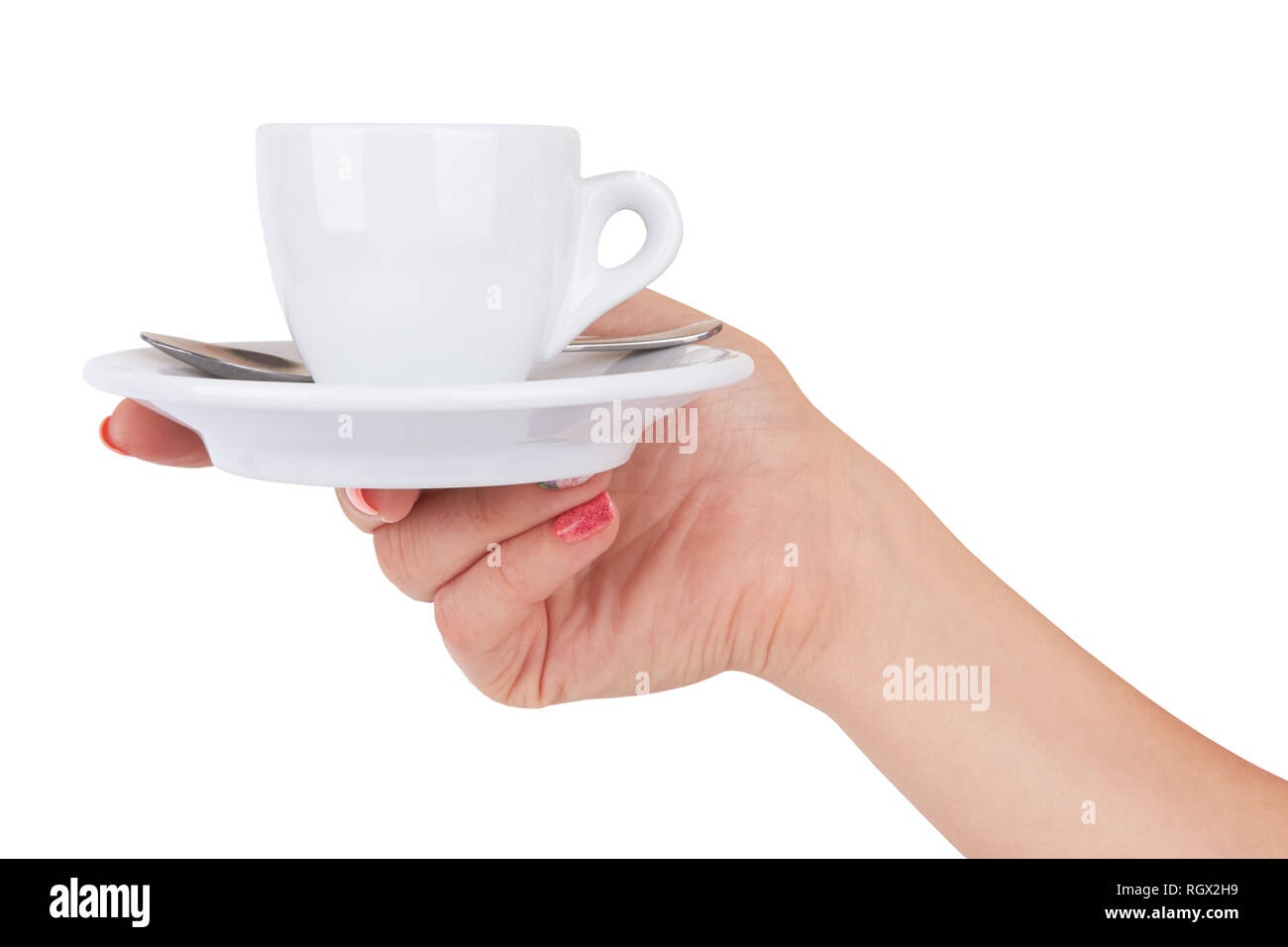 coffee cup in hand over white background Stock Photo - Alamy