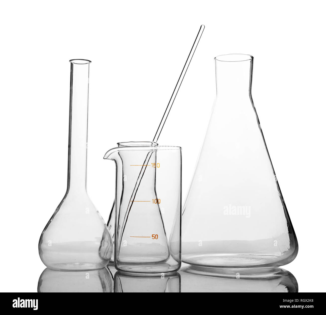 empty laboratory glassware with reflection isolated on white background ...