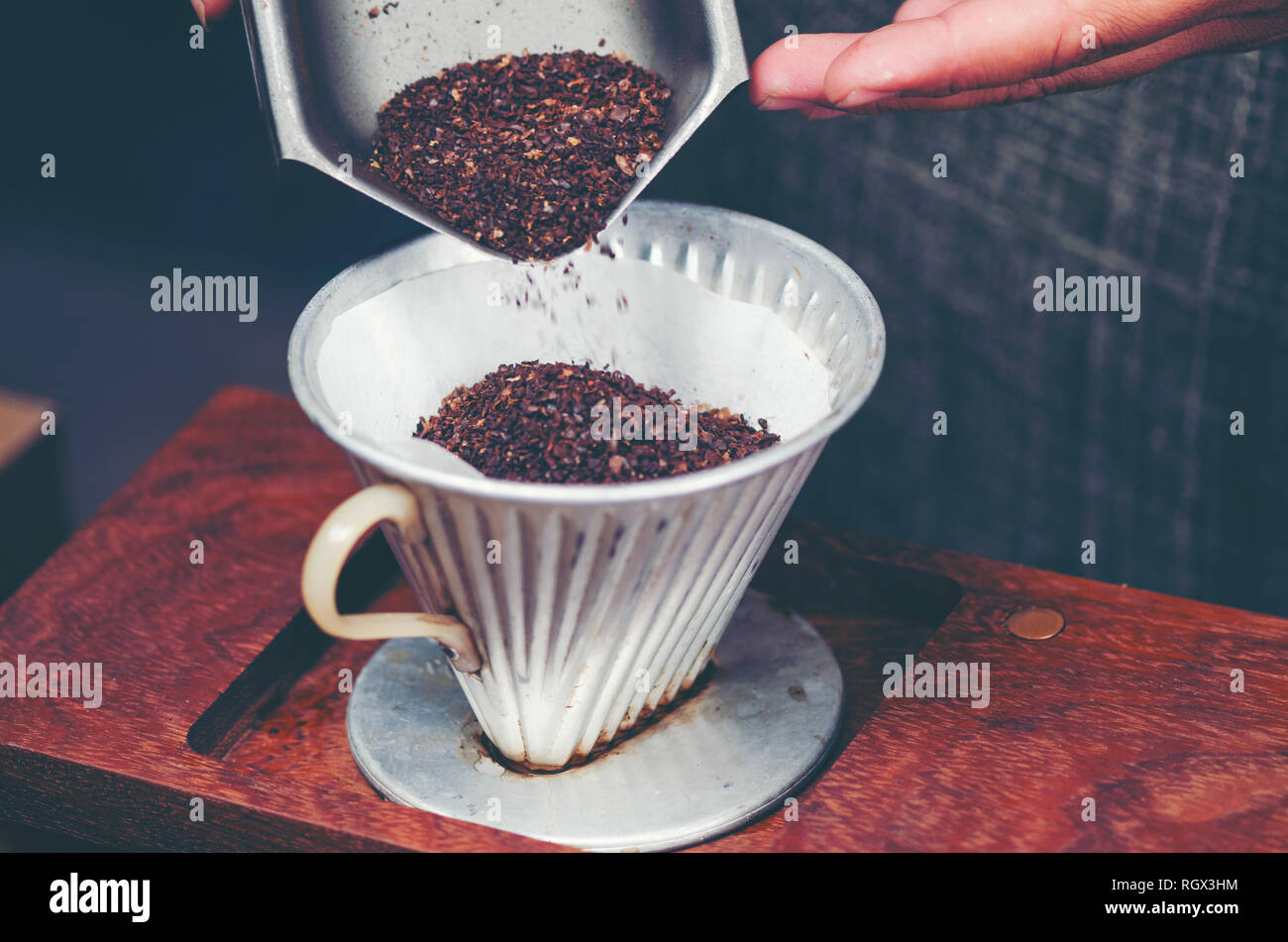 coffee dripping filter process, vintage filter image Stock Photo - Alamy