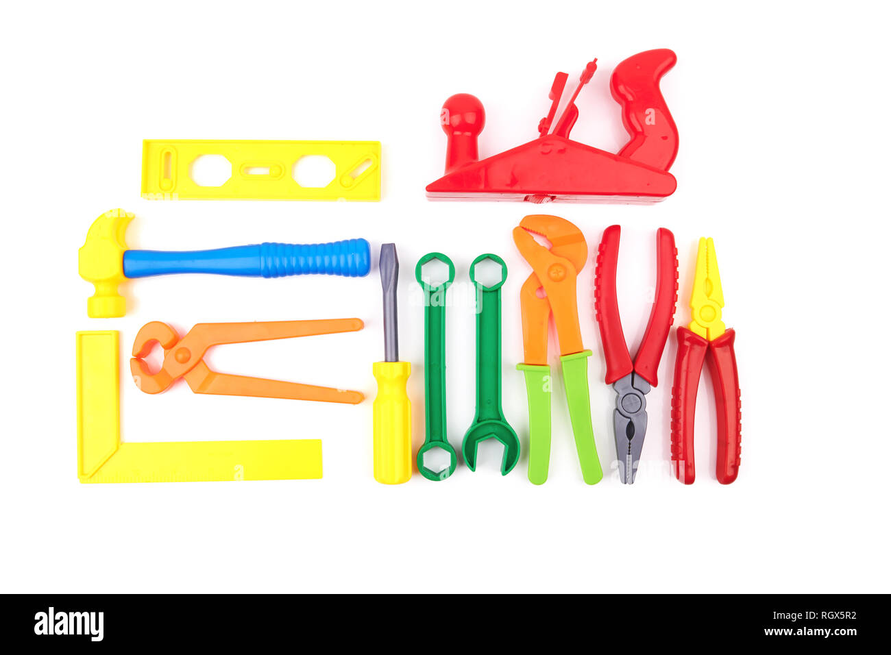 toy tools plastic color on a white background Stock Photo - Alamy