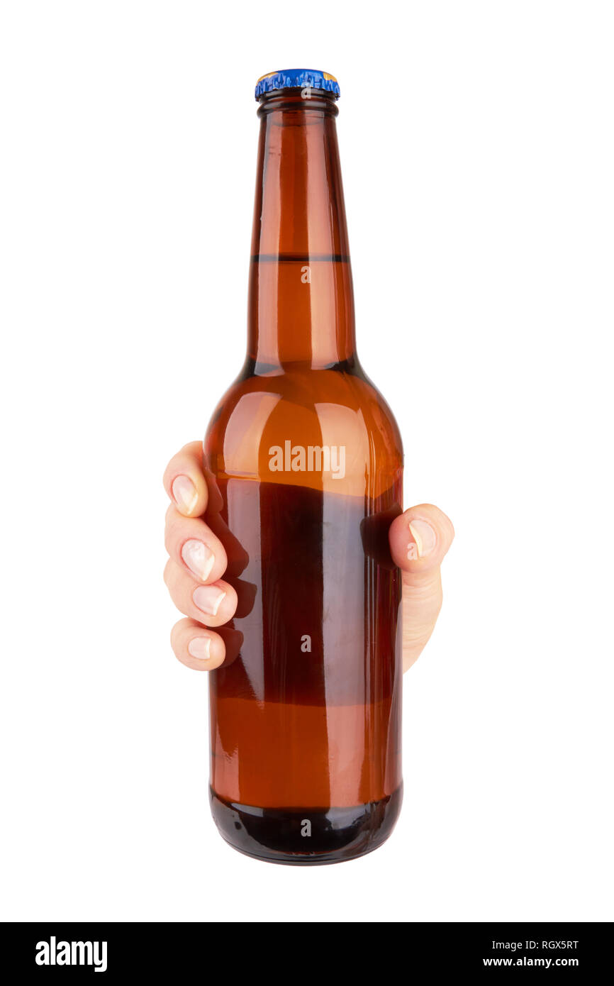 hand holding a grown beer bottle without label isolated on white ...
