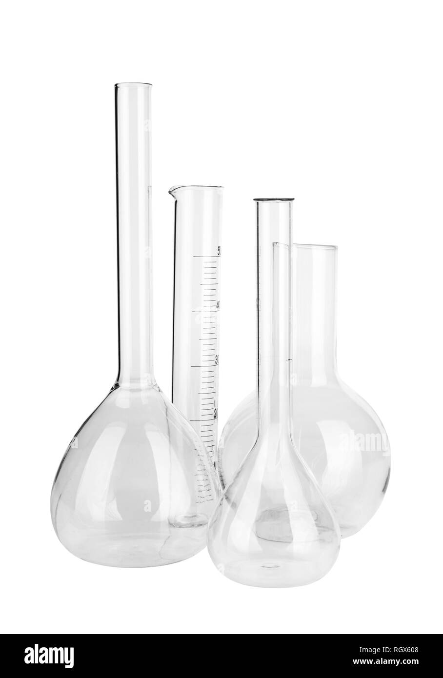 empty laboratory glassware with reflection isolated on white background ...