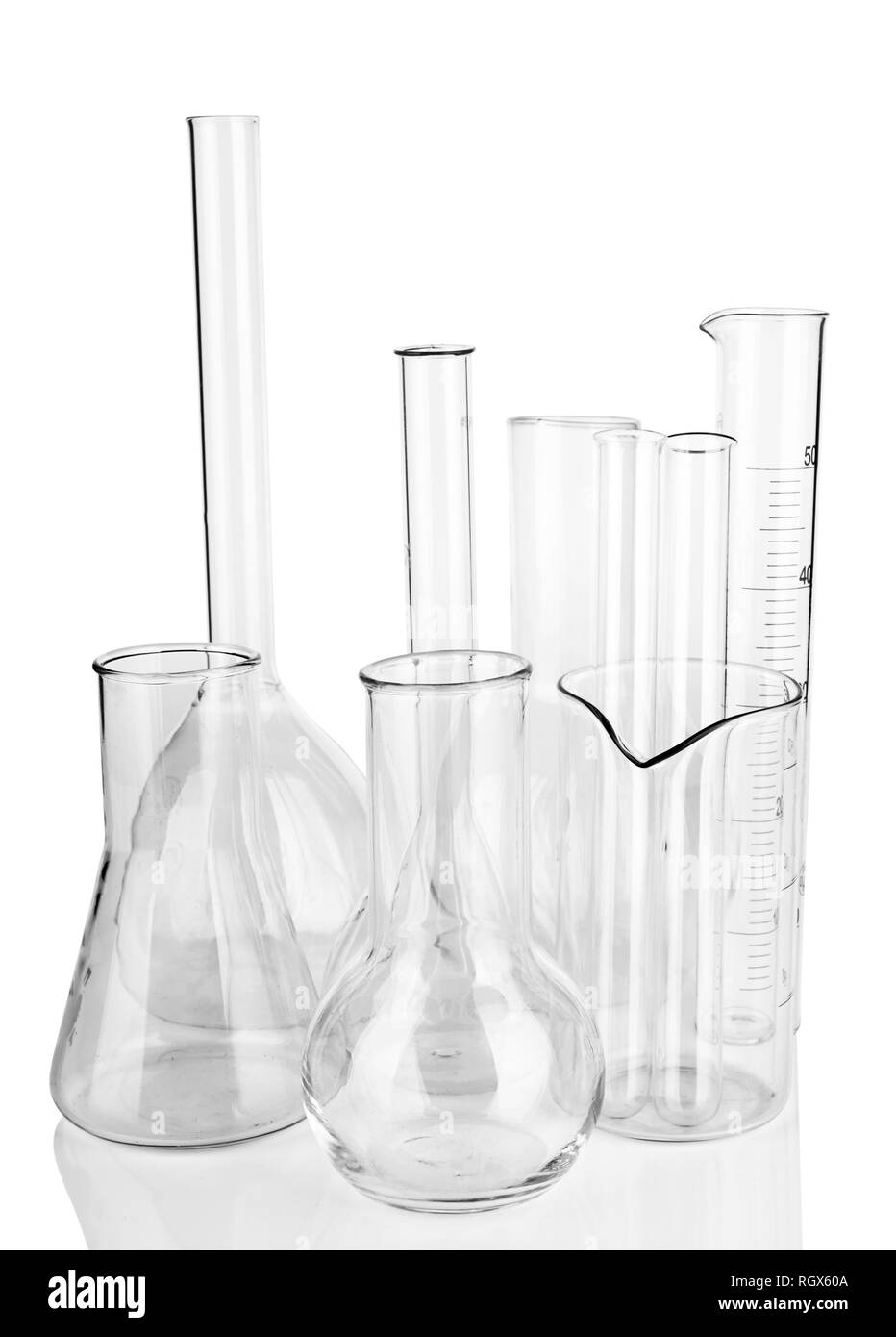 empty laboratory glassware with reflection isolated on white background ...