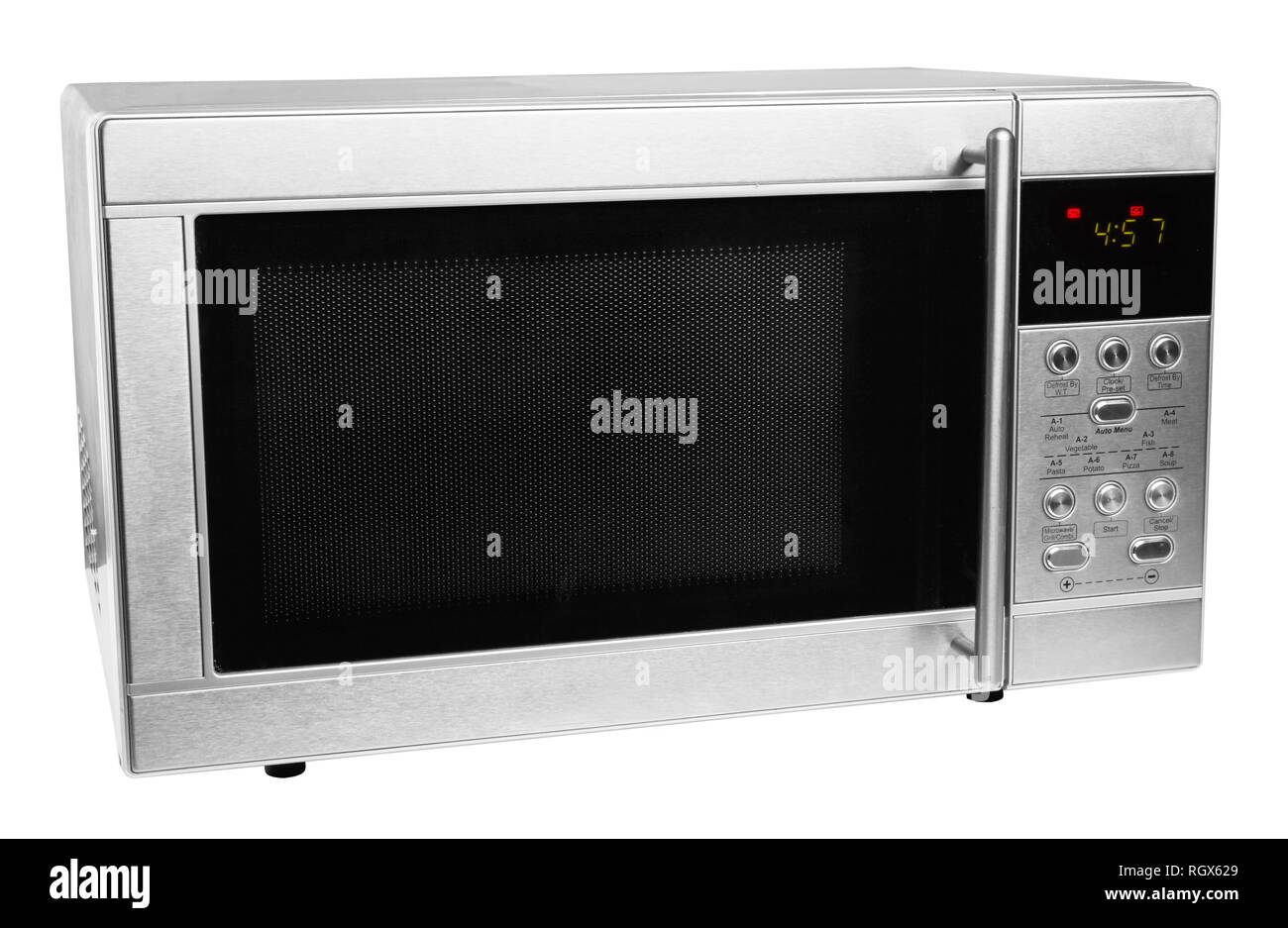 closed microwave made of shiny metal isolated on a white background ...