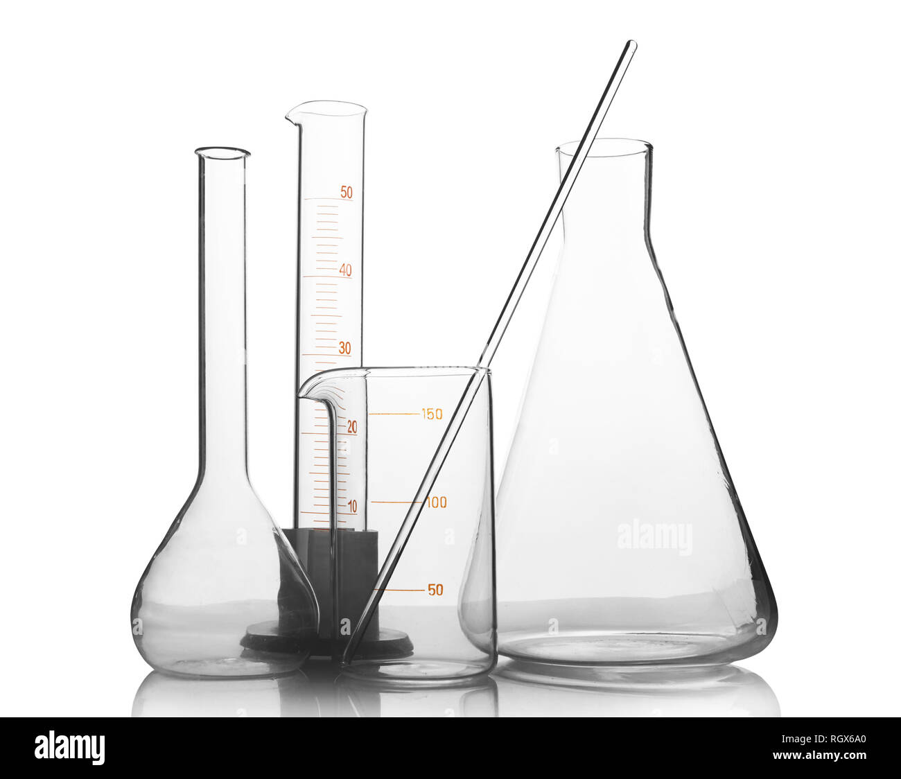 empty laboratory glassware with reflection isolated on white background ...