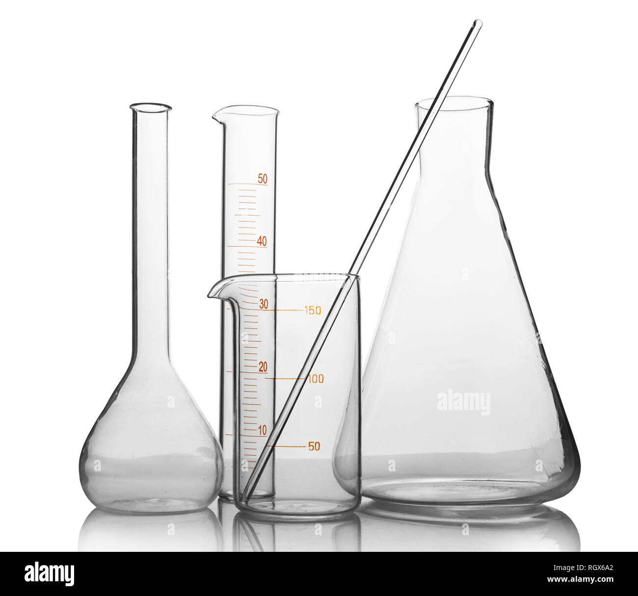 empty laboratory glassware with reflection isolated on white background ...