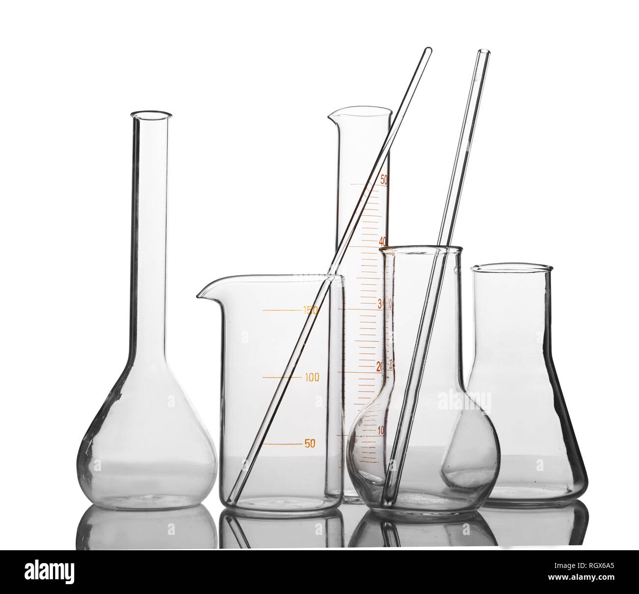 empty laboratory glassware with reflection isolated on white background ...