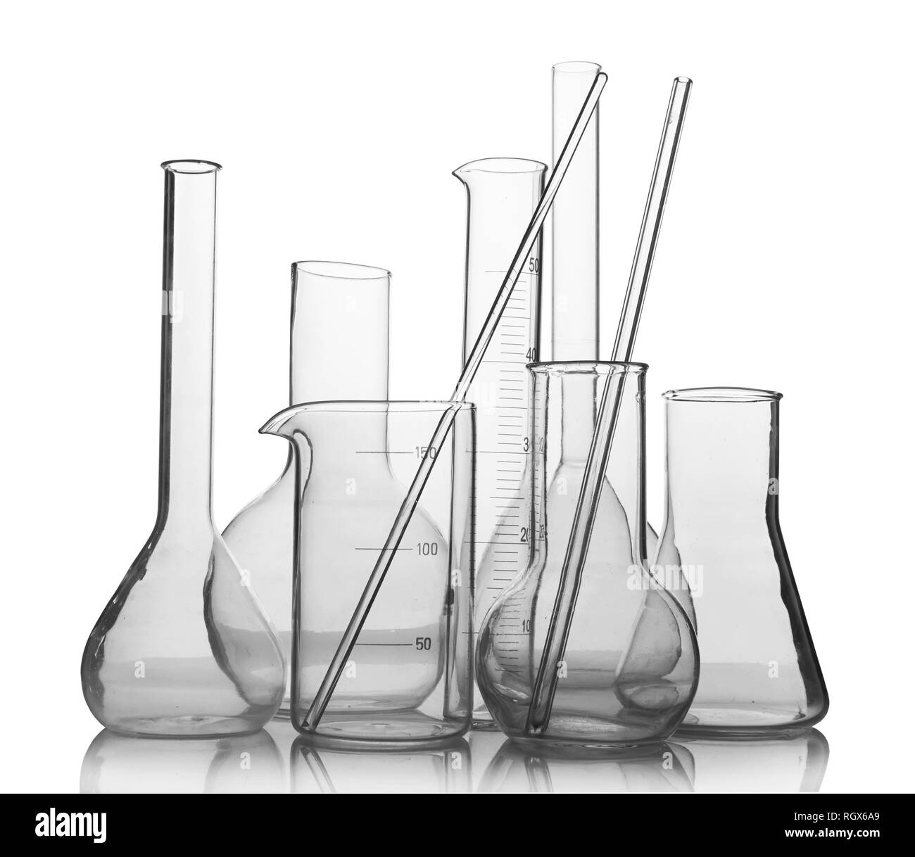 empty laboratory glassware with reflection isolated on white background ...