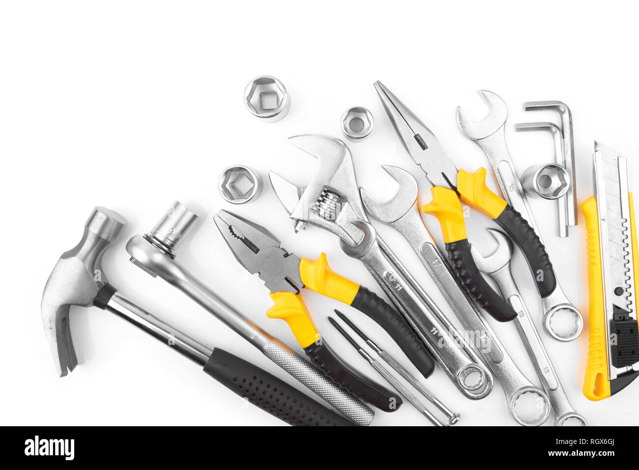 Different kinds of tools on white background Stock Photo - Alamy