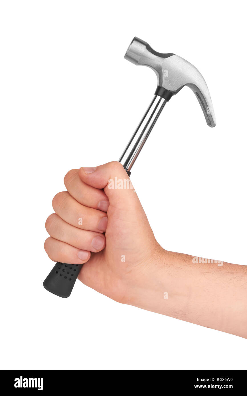 hand holding a steel hammer isolated on white background Stock Photo ...
