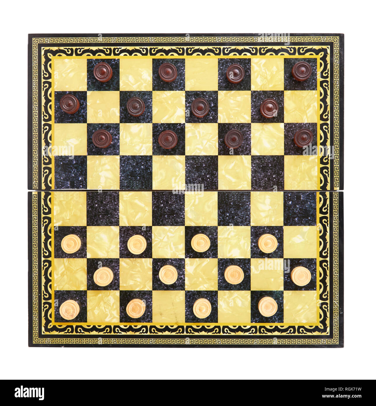 Playing checkers with wooden board, black and white pawns Stock Photo ...