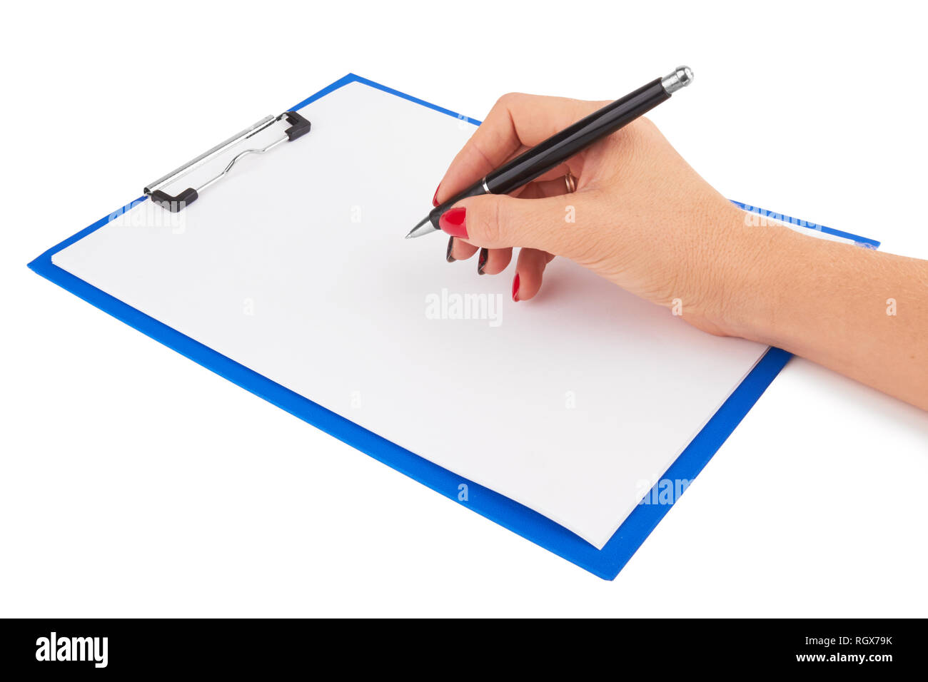 A female hand writes on clipboard with paper isolated white background ...