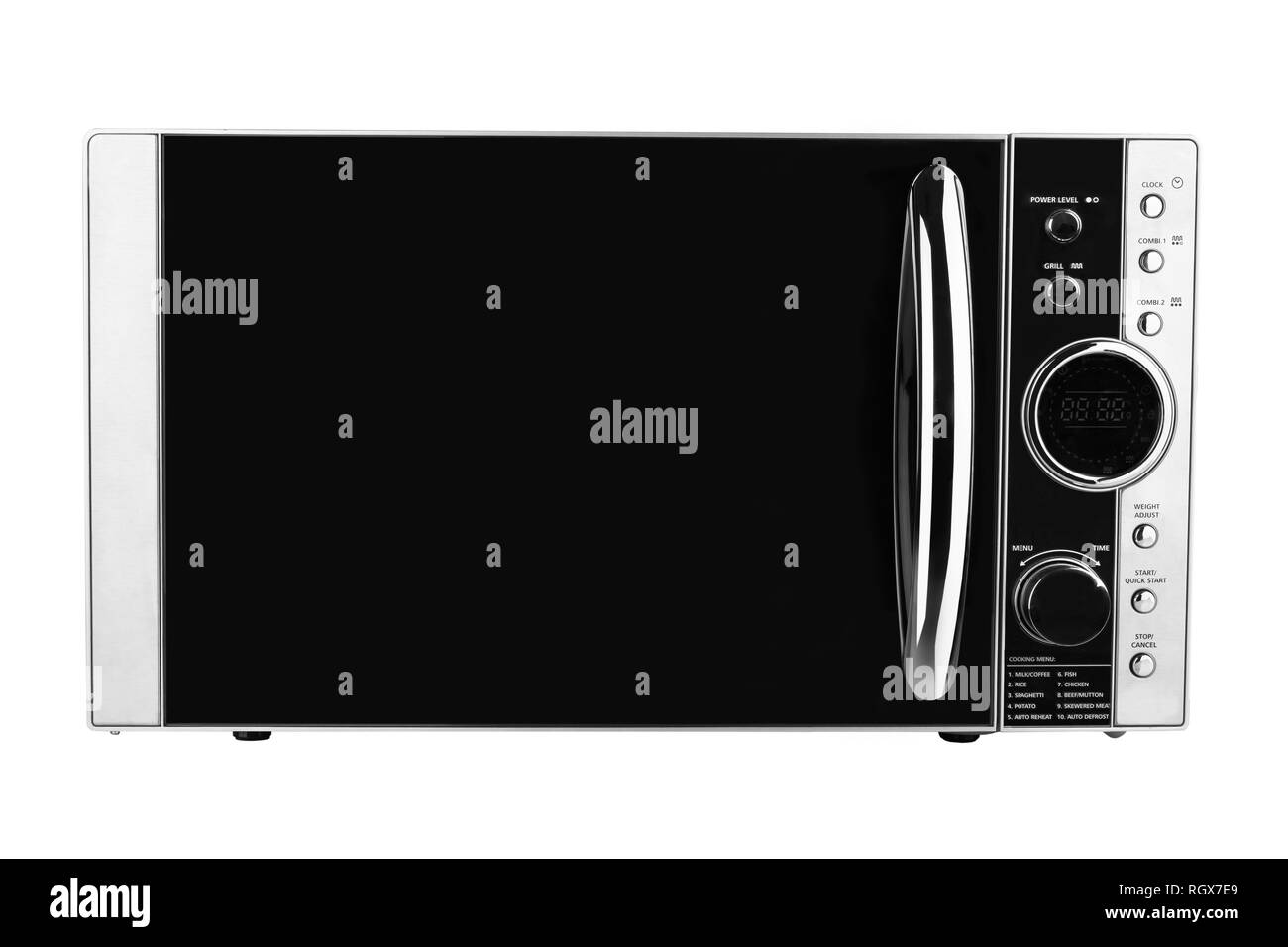 closed microwave made of shiny metal isolated on a white background ...