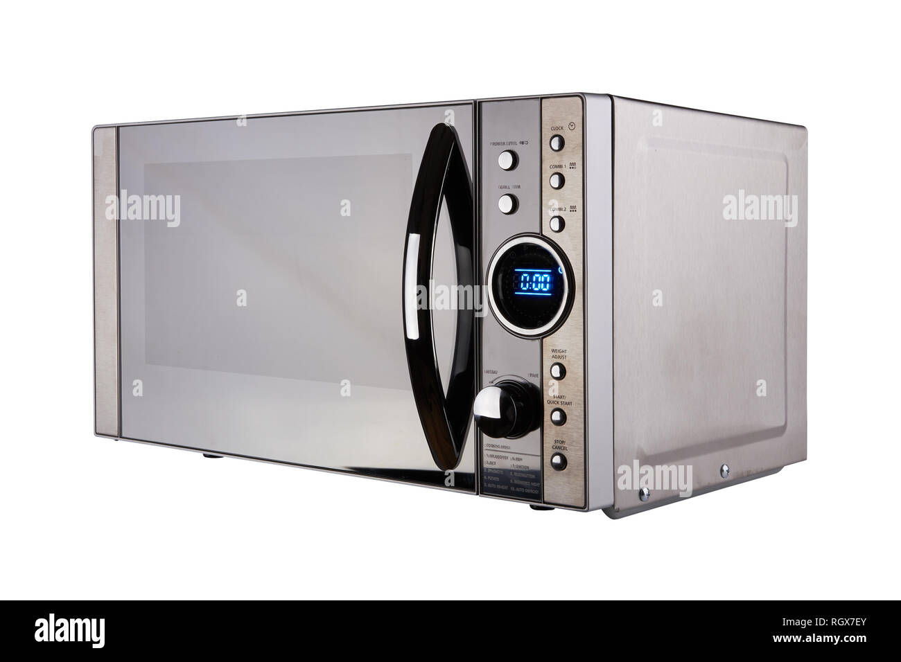 closed microwave made of shiny metal isolated on a white background ...