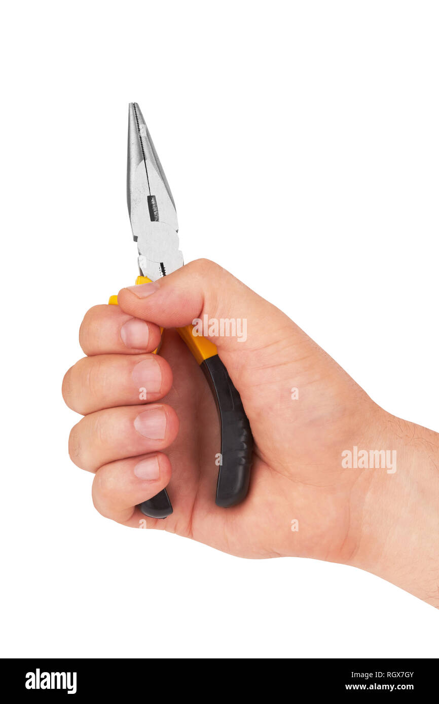 Hand with pliers isolated on white background Stock Photo - Alamy