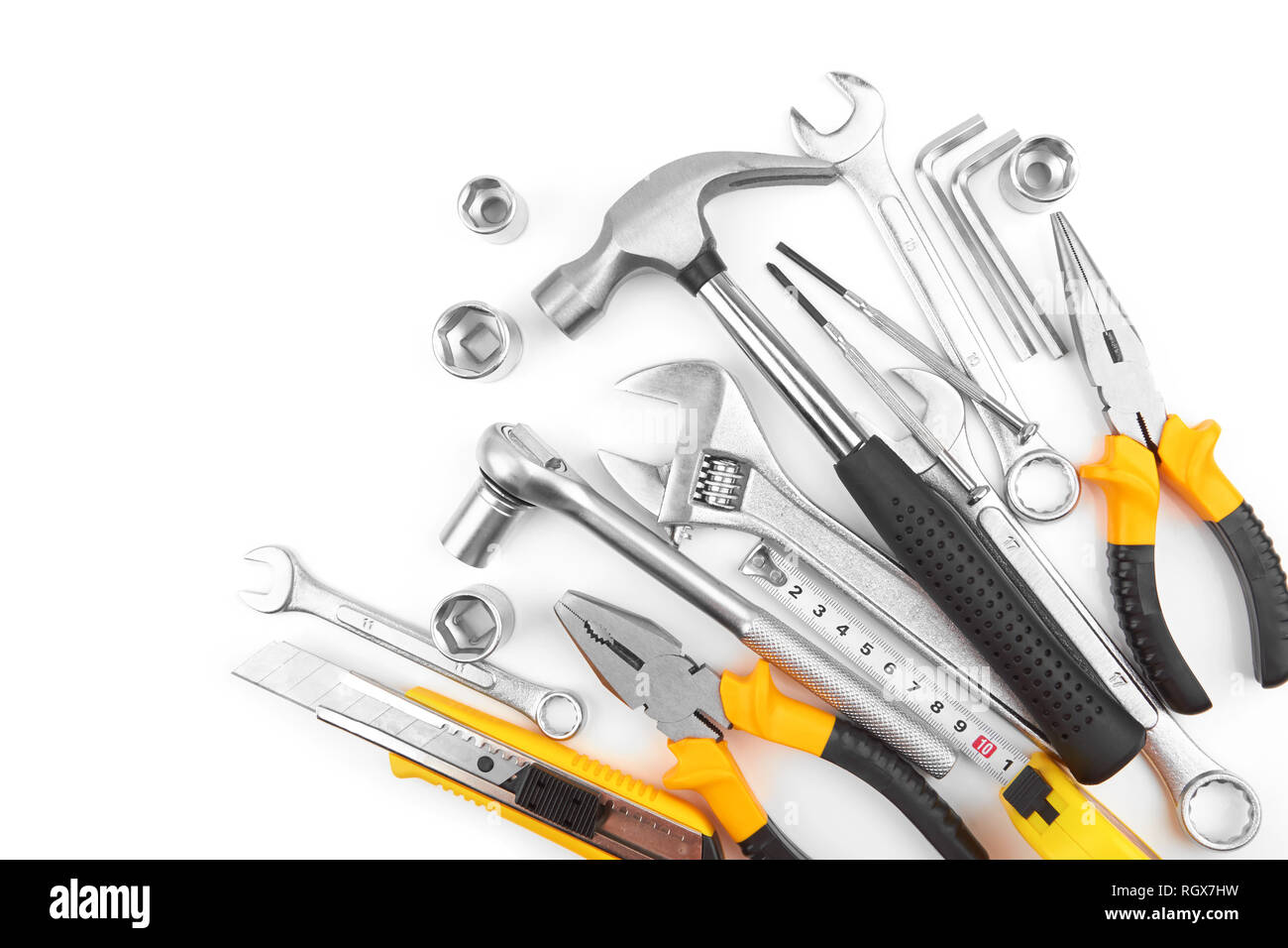 Different kinds of tools on white background Stock Photo - Alamy