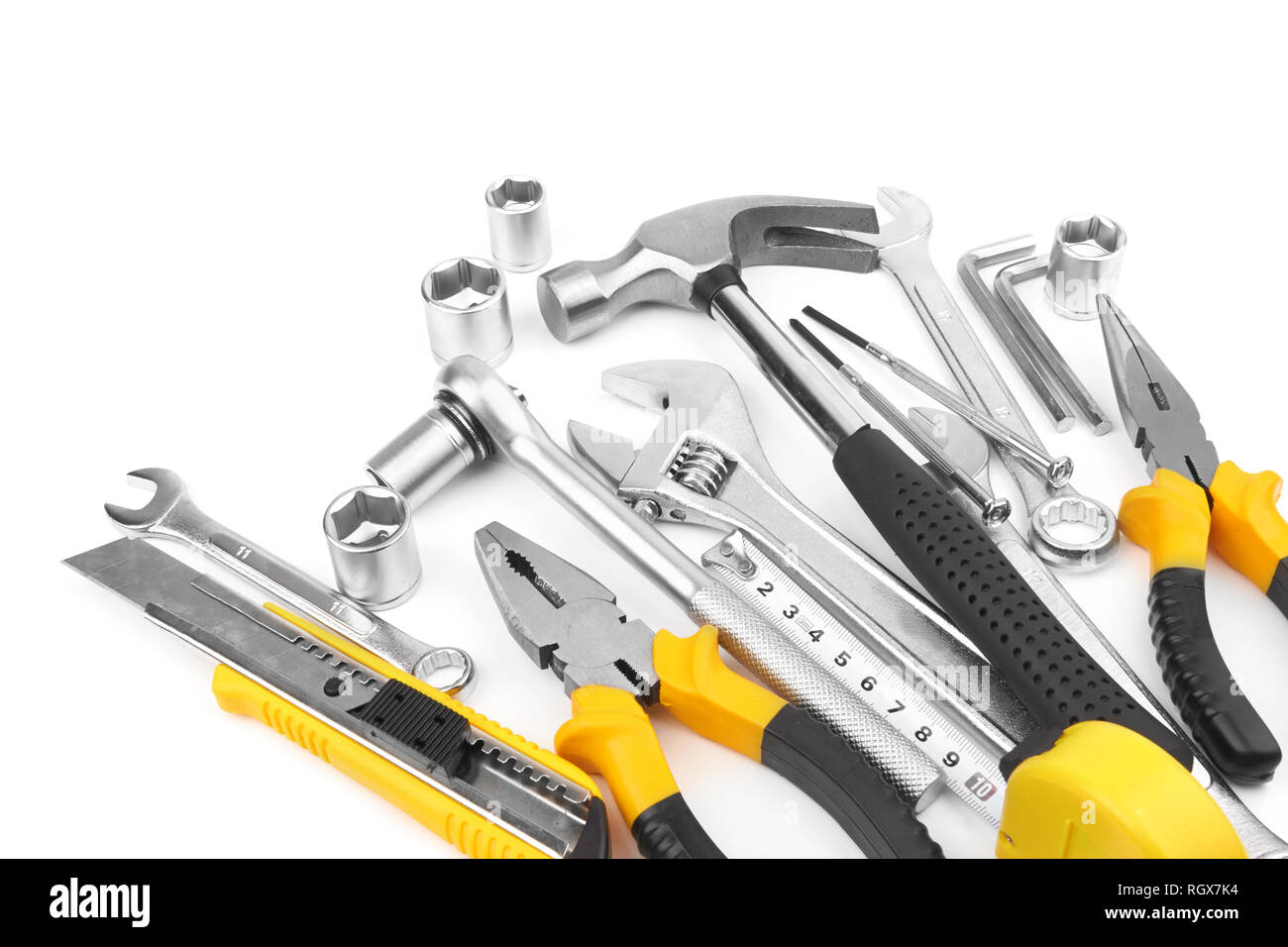 Different kinds of tools on white background Stock Photo - Alamy