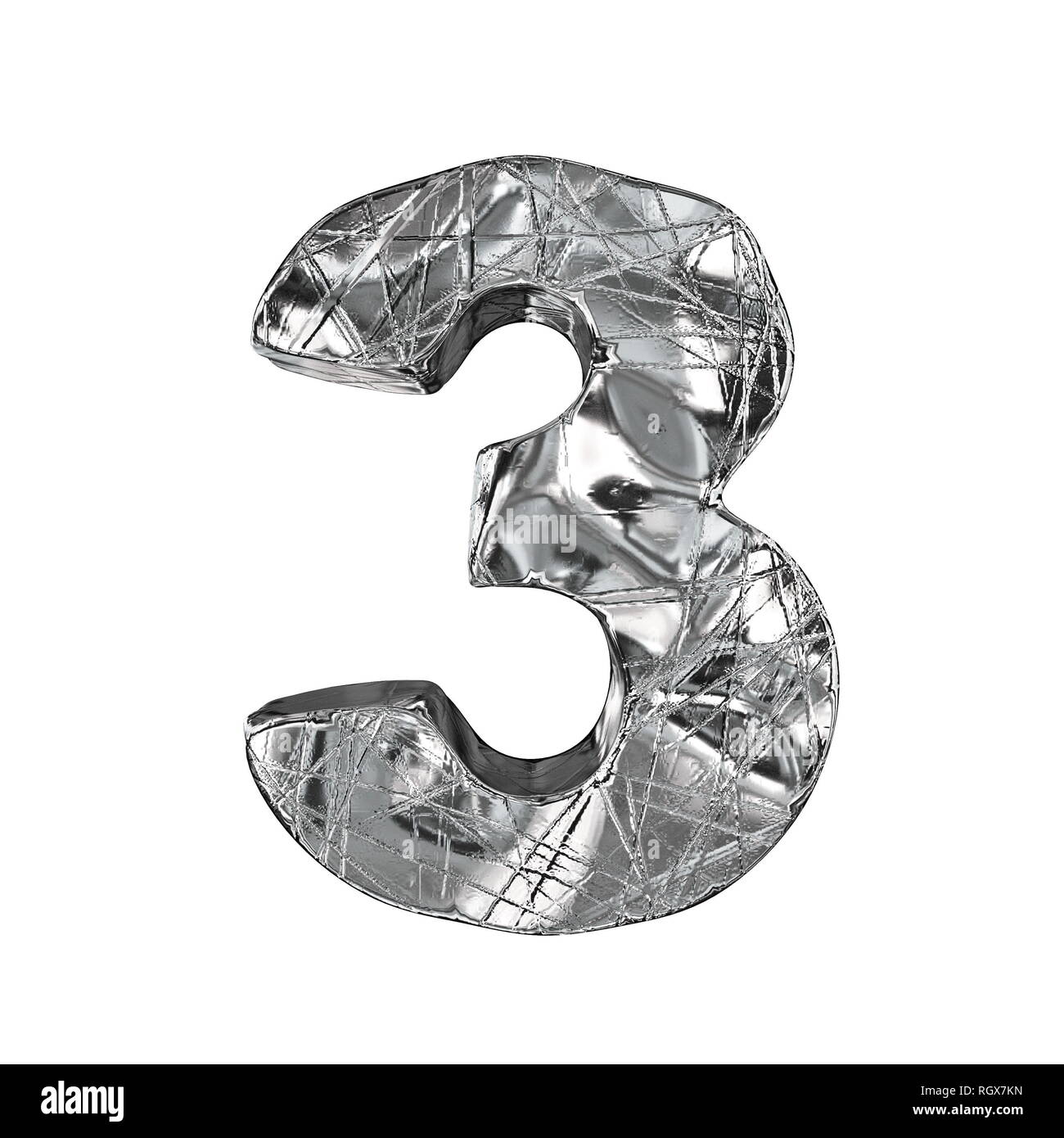Grunge aluminium foil font number 3 THREE 3D render illustration ...