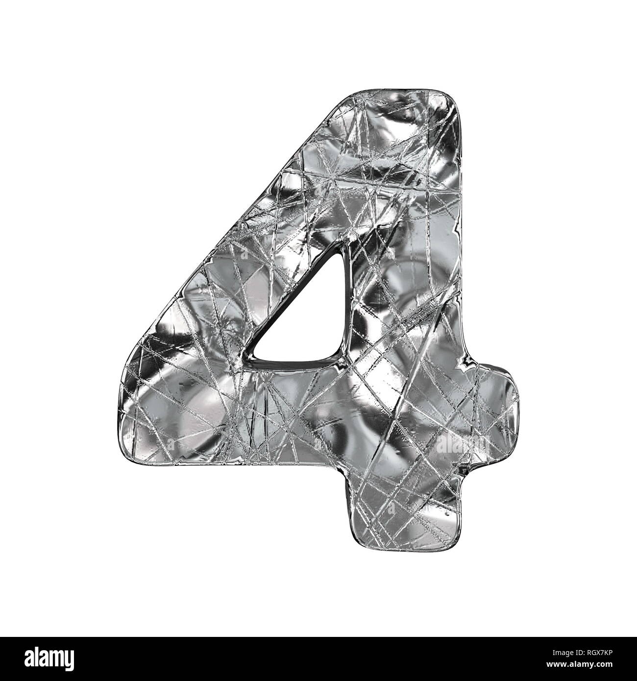 Grunge aluminium foil font number 4 FOUR 3D render illustration ...