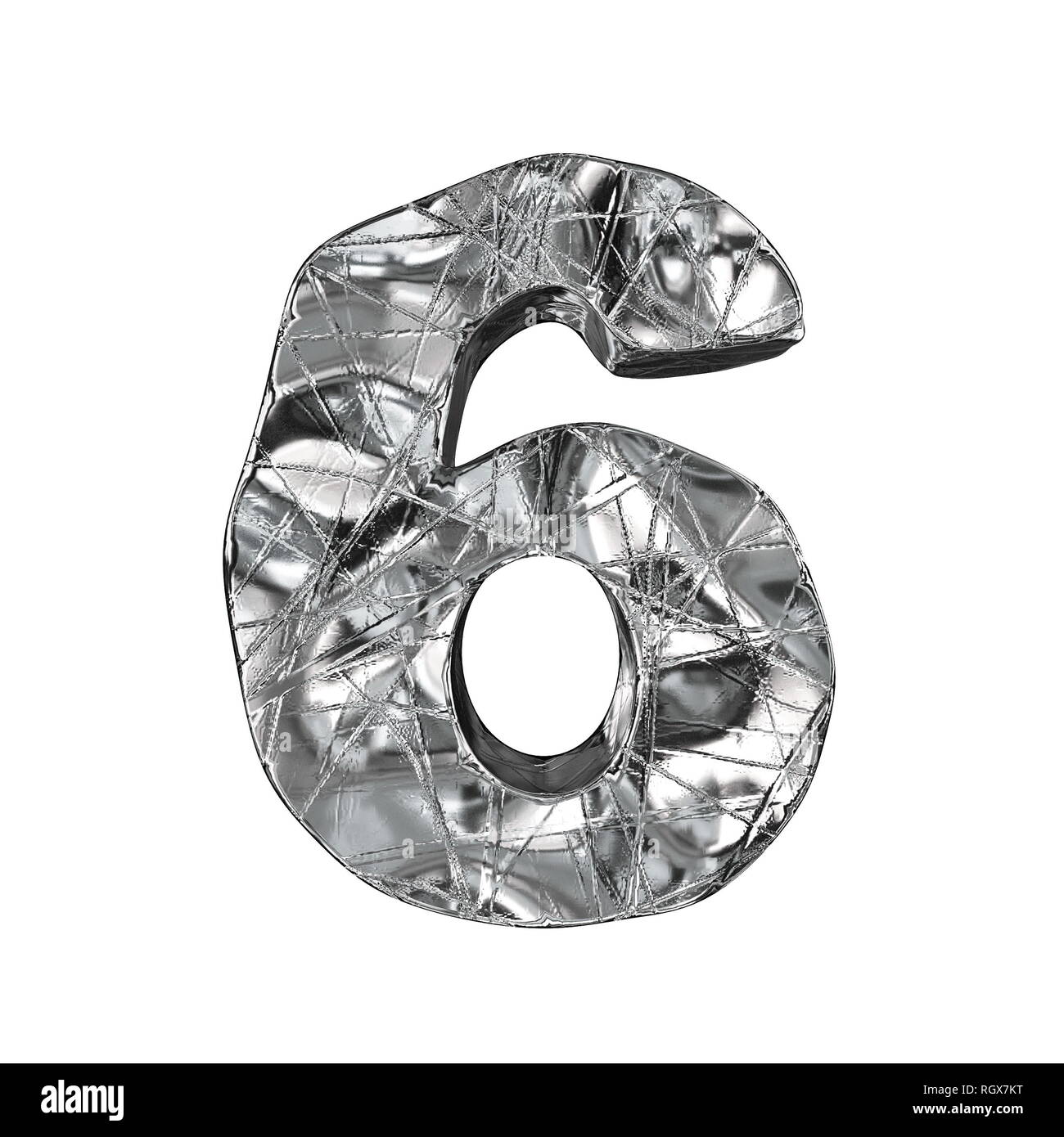 Grunge aluminium foil font number 6 SIX 3D render illustration isolated ...