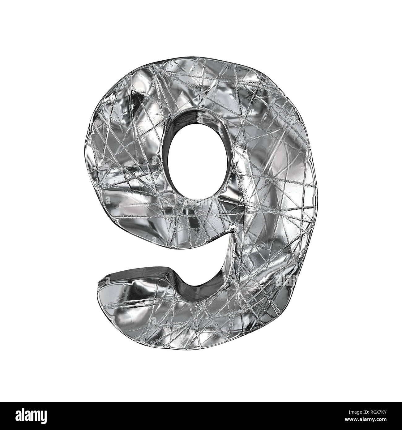 Grunge aluminium foil font number 9 NINE 3D render illustration ...