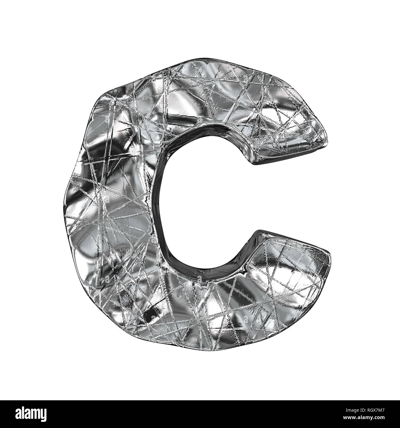 Grunge aluminium foil font letter C 3D render illustration isolated on ...