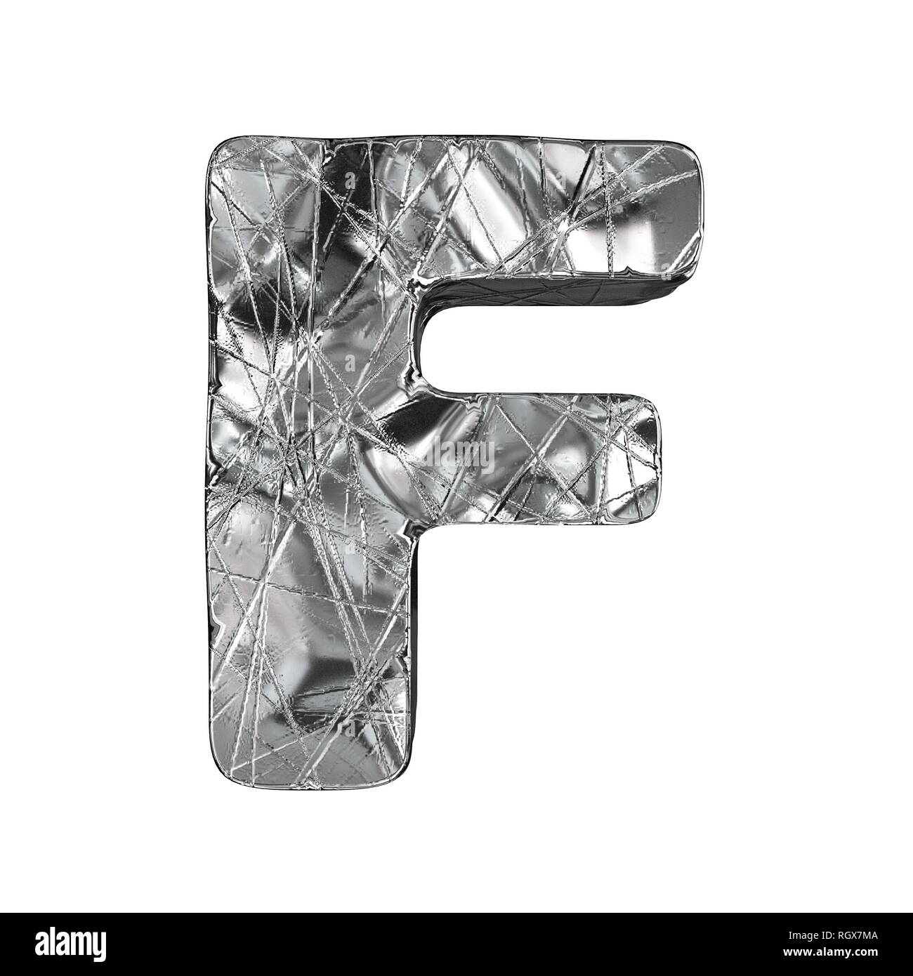 Grunge aluminium foil font letter F 3D render illustration isolated on ...