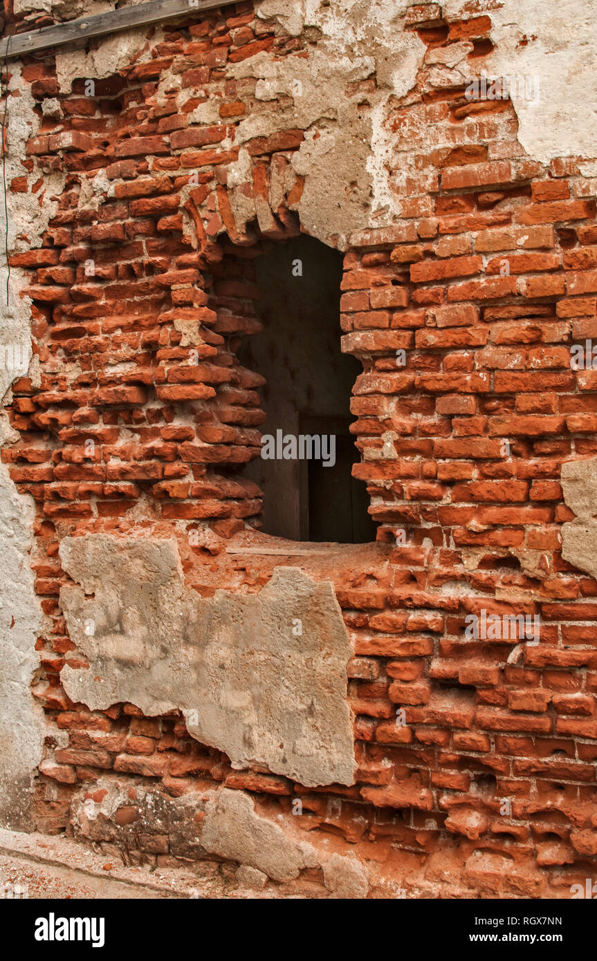 Broken window frame of ruined damaged abandon neglected country house ...