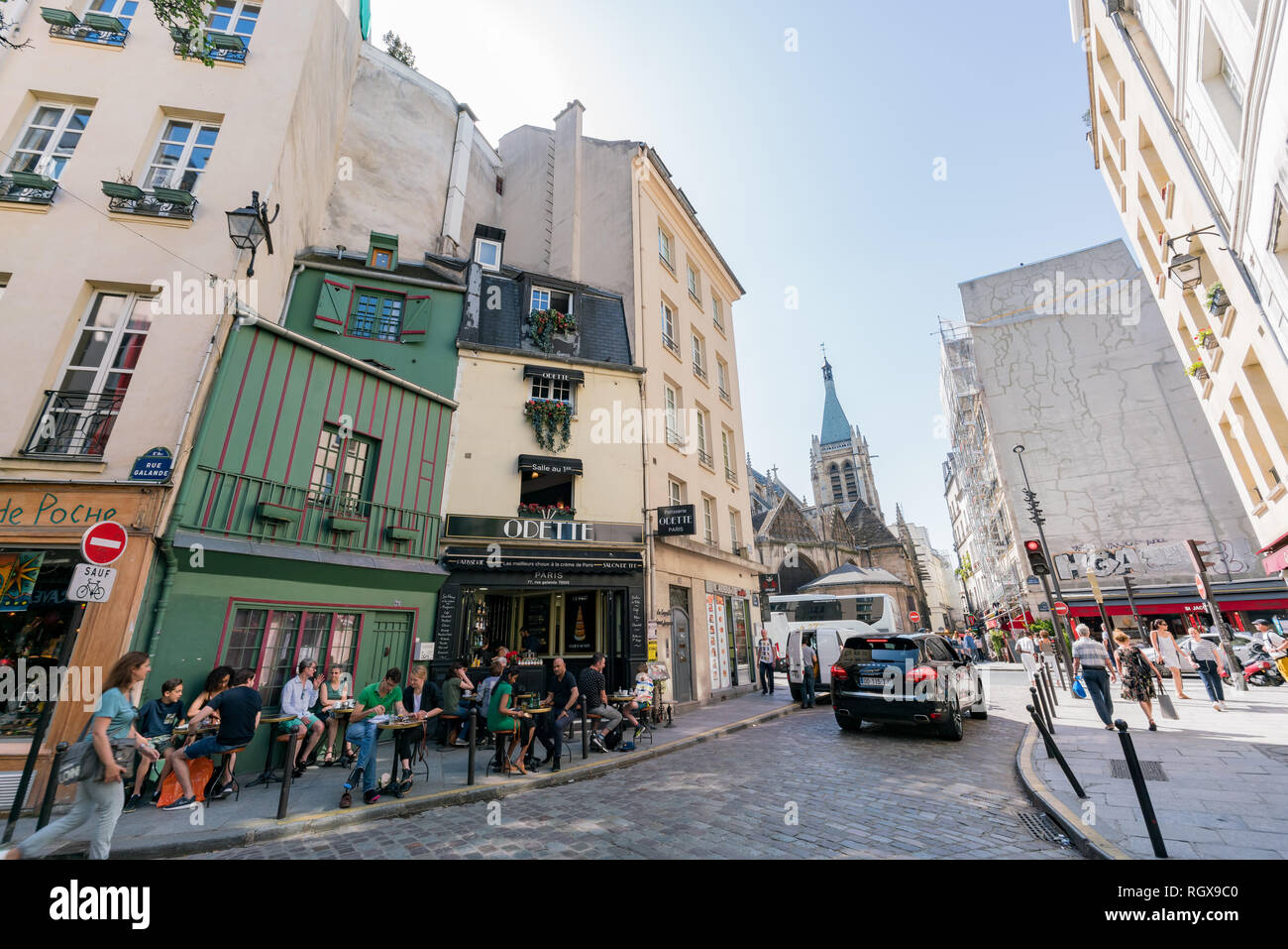 Exterior view of the Saint Merry Catholic Church and street at Paris ...