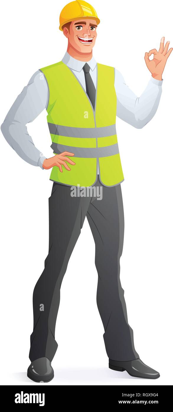 Smiling engineer in vest showing OK sign. Vector illustration Stock ...