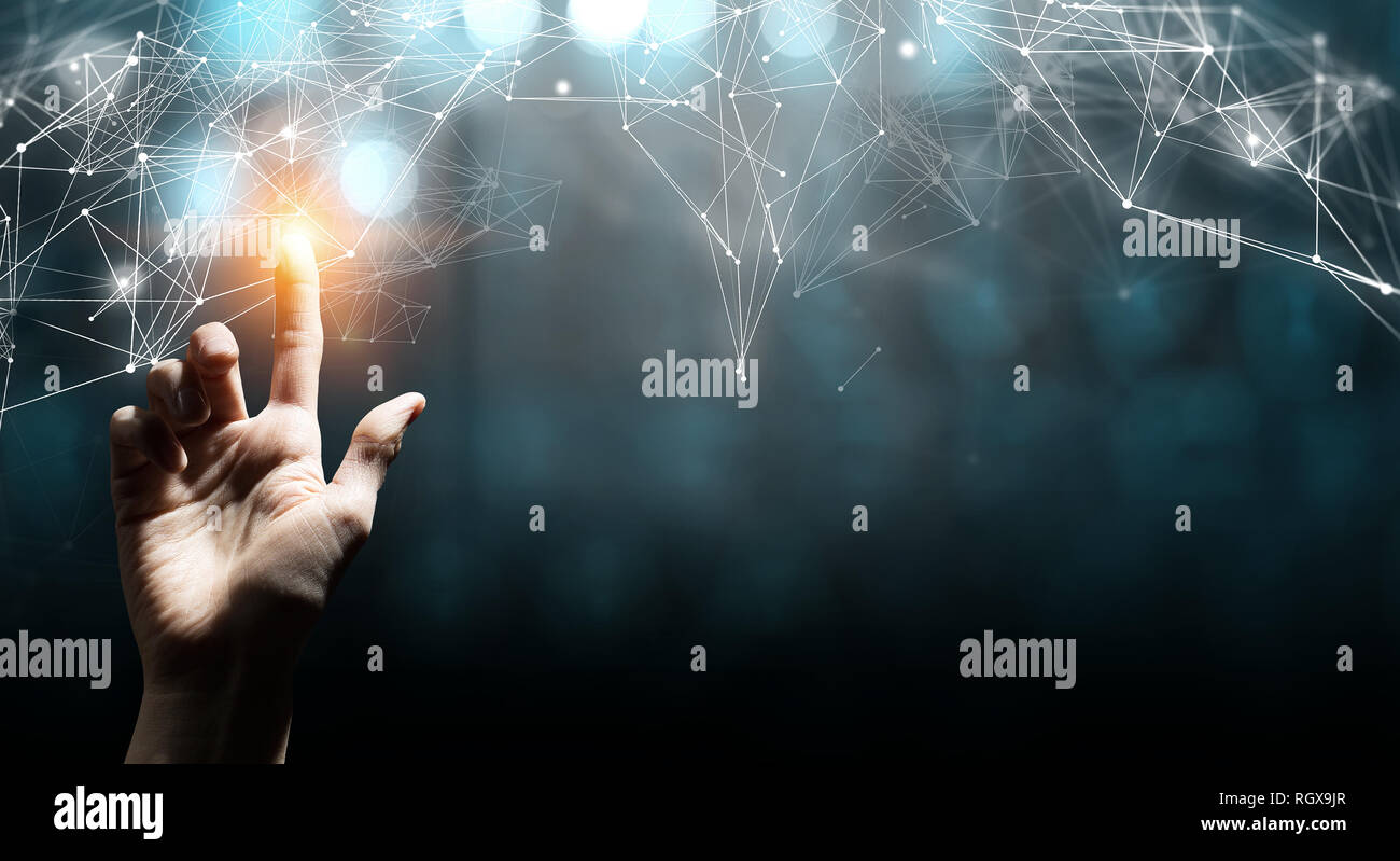 Hand touch technology background with lines and dots. 3d rendering ...