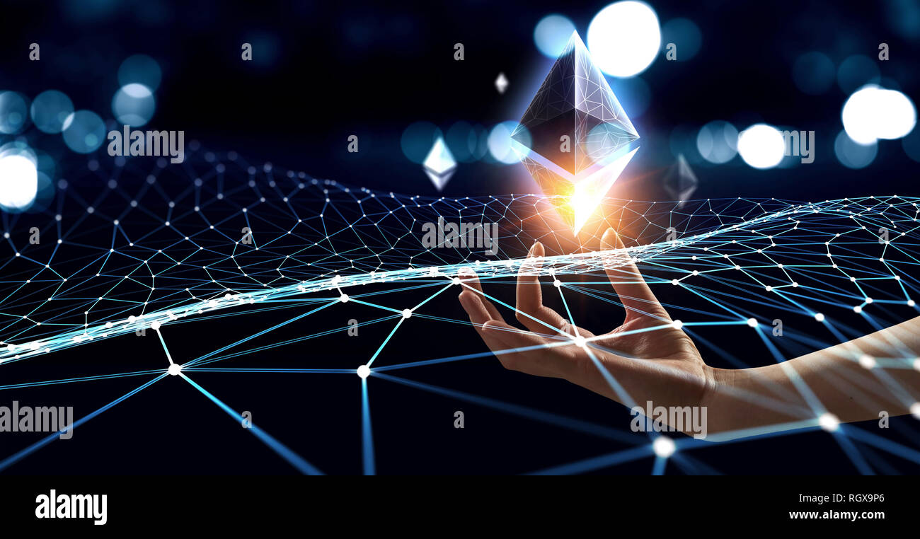 Bitcoin and Ethereum symbols on abstract blue background. 3d rendering Stock Photo - Alamy