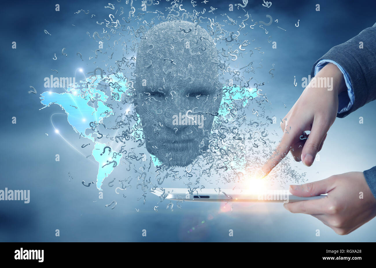 Modern technology concept wih cyber robot face. Mixed media Stock Photo ...